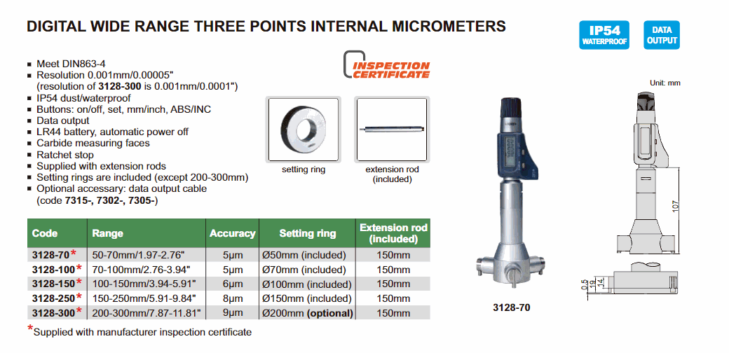 INSIZE 3128-250 Digital Wide Range Three Points Internal Micrometer ... INSIZE 3128-250 Digital Wide Range Three Points Internal Micrometer ...