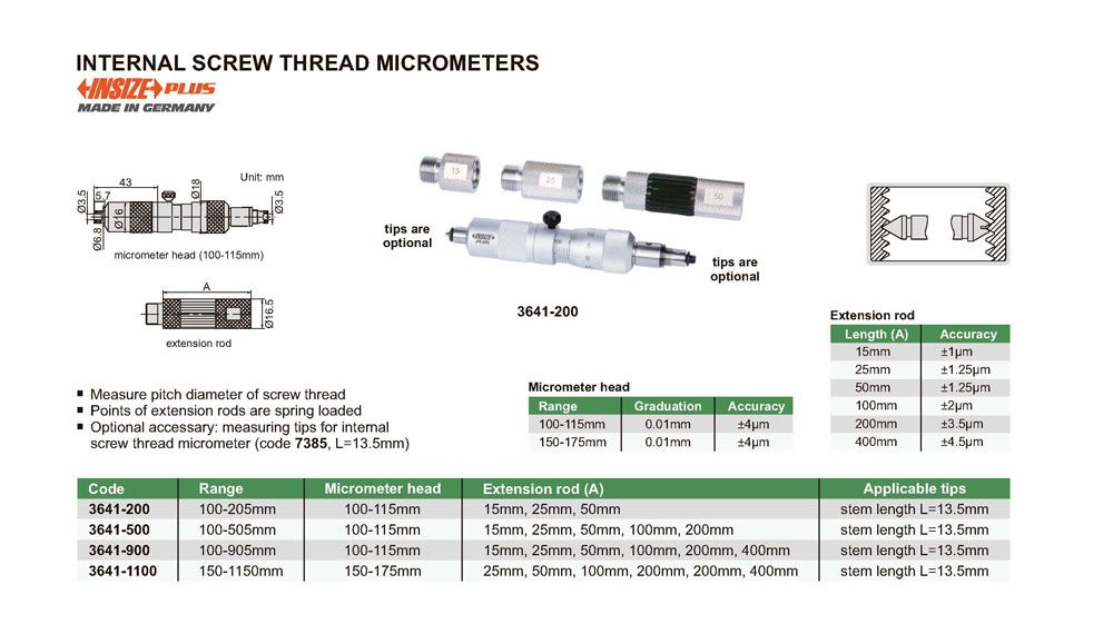 INSIZE 3641-500 Internal Screw Thread Micrometer (100-505mm) | EMIN.ASIA