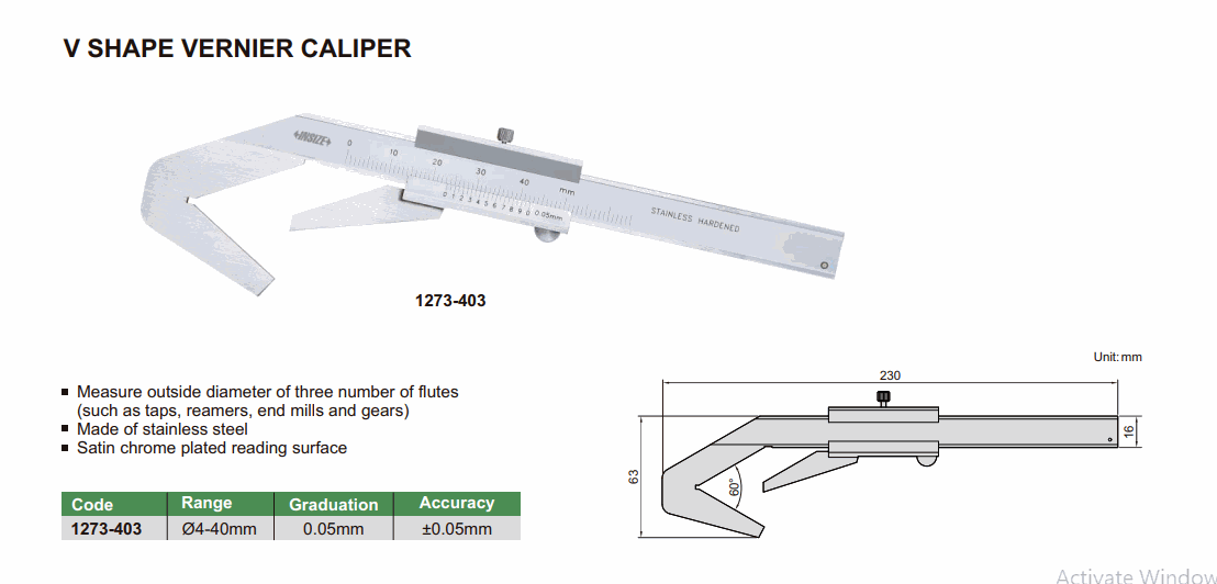 INSIZE 1273-403 V Shape Vernier Caliper (Ø4-40mm; 0.05mm) | EMIN.ASIA