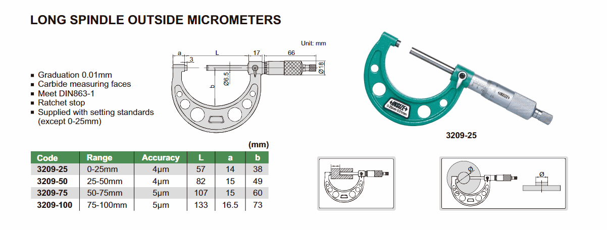 INSIZE 3209-25 Long Spindle Outside Micrometer (0-25mm; Long spindle ...
